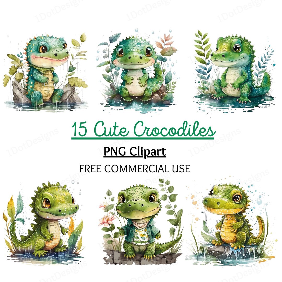 Cute Baby Crocodile Clipart Bundle, Crocodile PNG, Dino Png, Watercolor ...