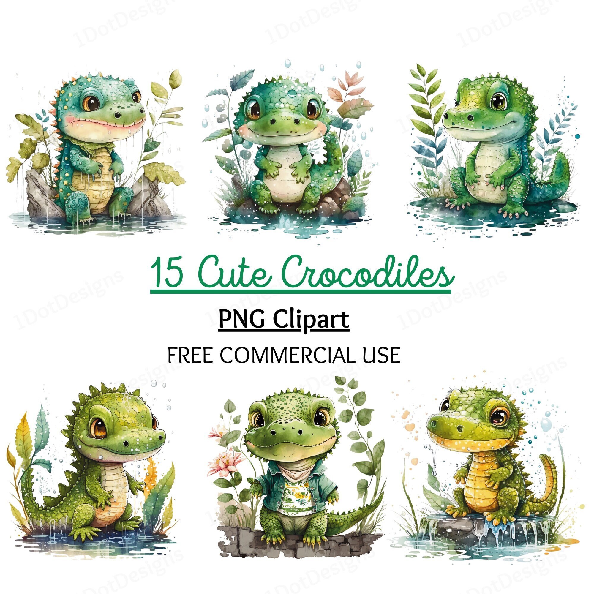 Cute Baby Crocodile Clipart Bundle, Crocodile PNG, Dino Png, Watercolor ...