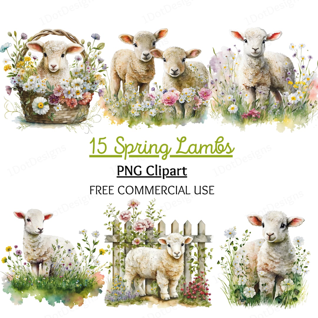 Spring Lamb Clipart Bundle, Sheep PNG, Watercolor Clipart, Floral Lamb ...