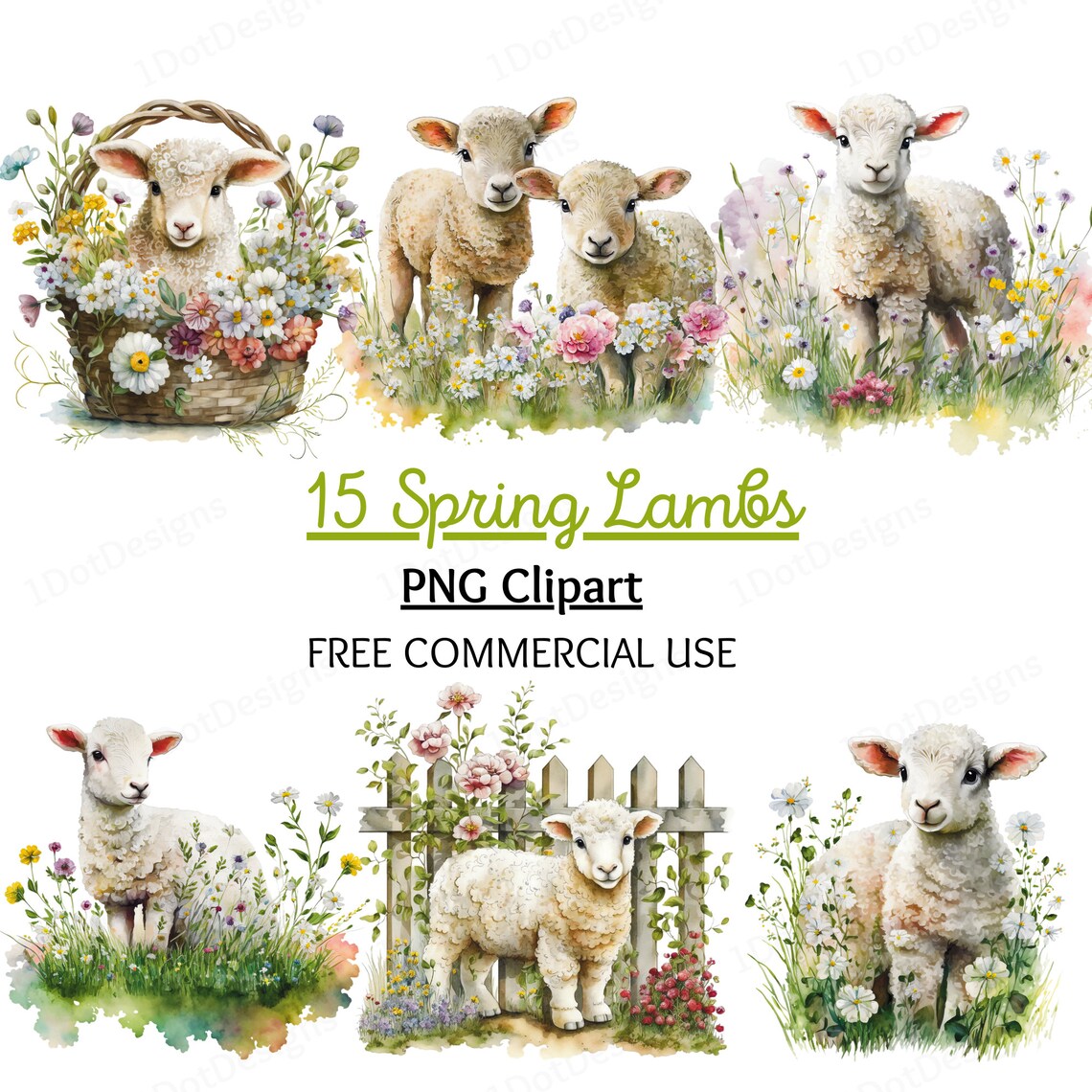 Spring Lamb Clipart Bundle, Sheep PNG, Watercolor Clipart, Floral Lamb ...