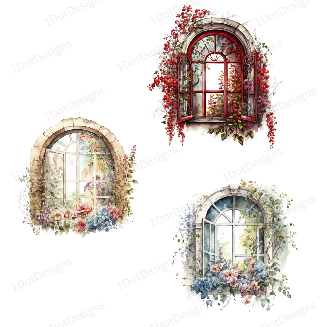 French Floral Window Clipart Bundle, Window Clipart, Watercolor Clipart ...