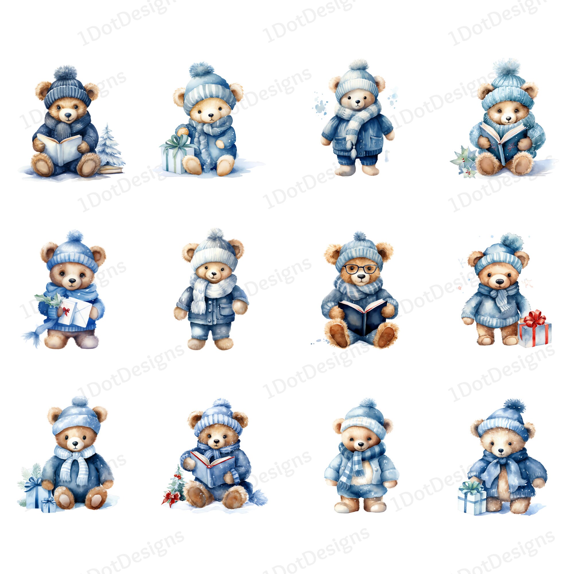 Winter Teddy Bear Clipart Bundle, Christmas PNG, Christmas Clipart, Blue Teddy Bear, Baby Boy ...