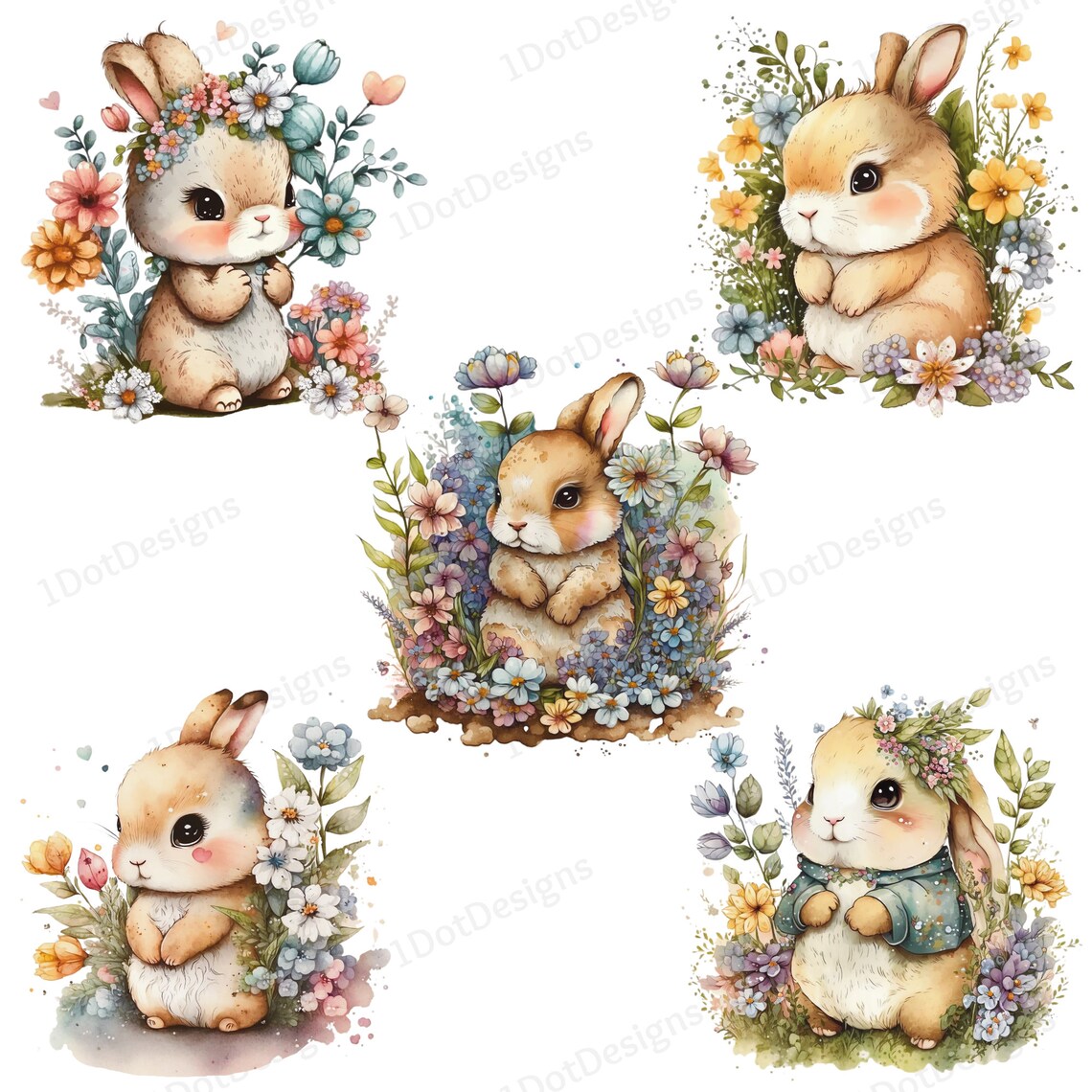 Pastel Bunnies Clipart Bundle, Easter PNG, Watercolor Clipart, Easter ...
