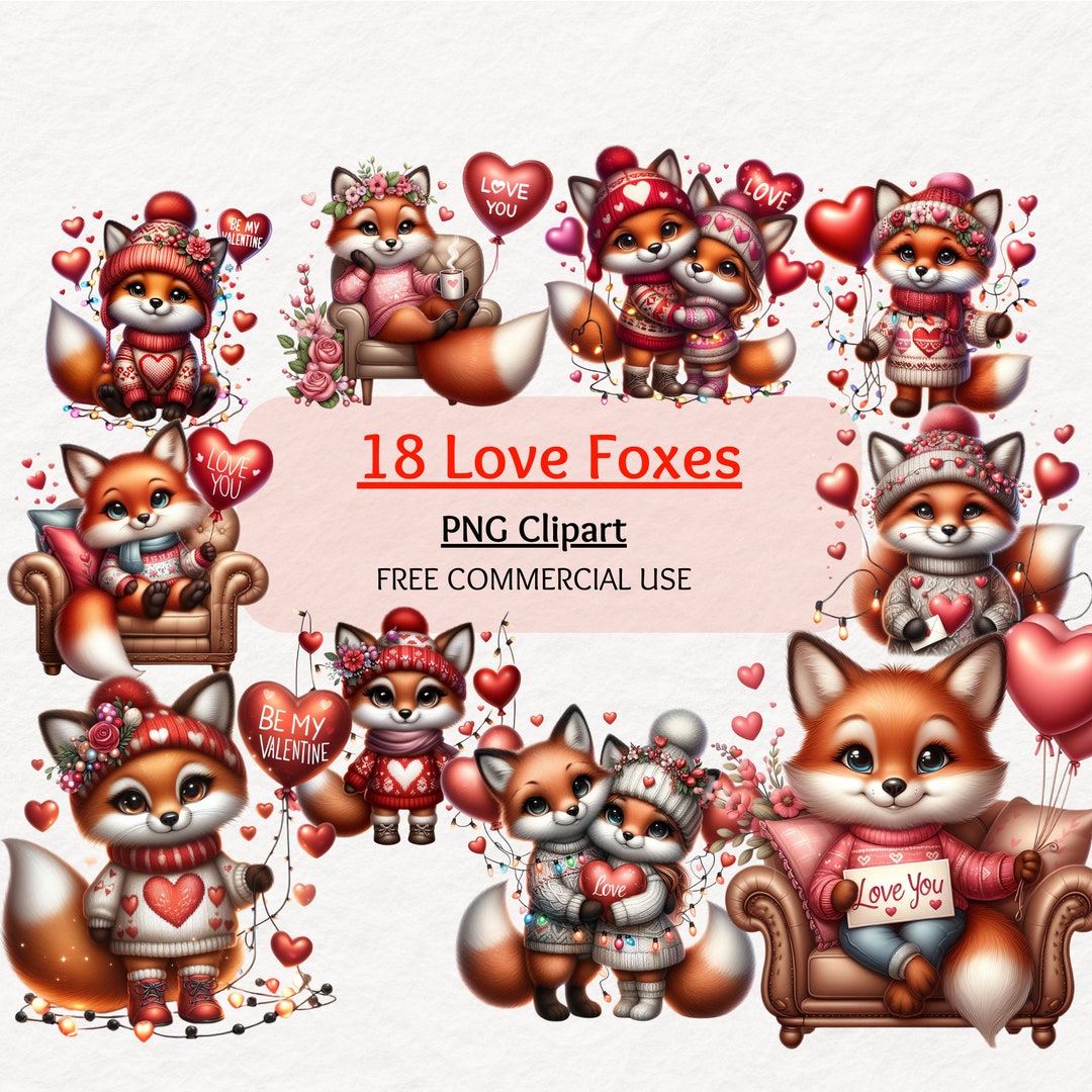Valentine Fox Clipart Bundle, Valentines Day Clipart, Love Clipart, Fox ...