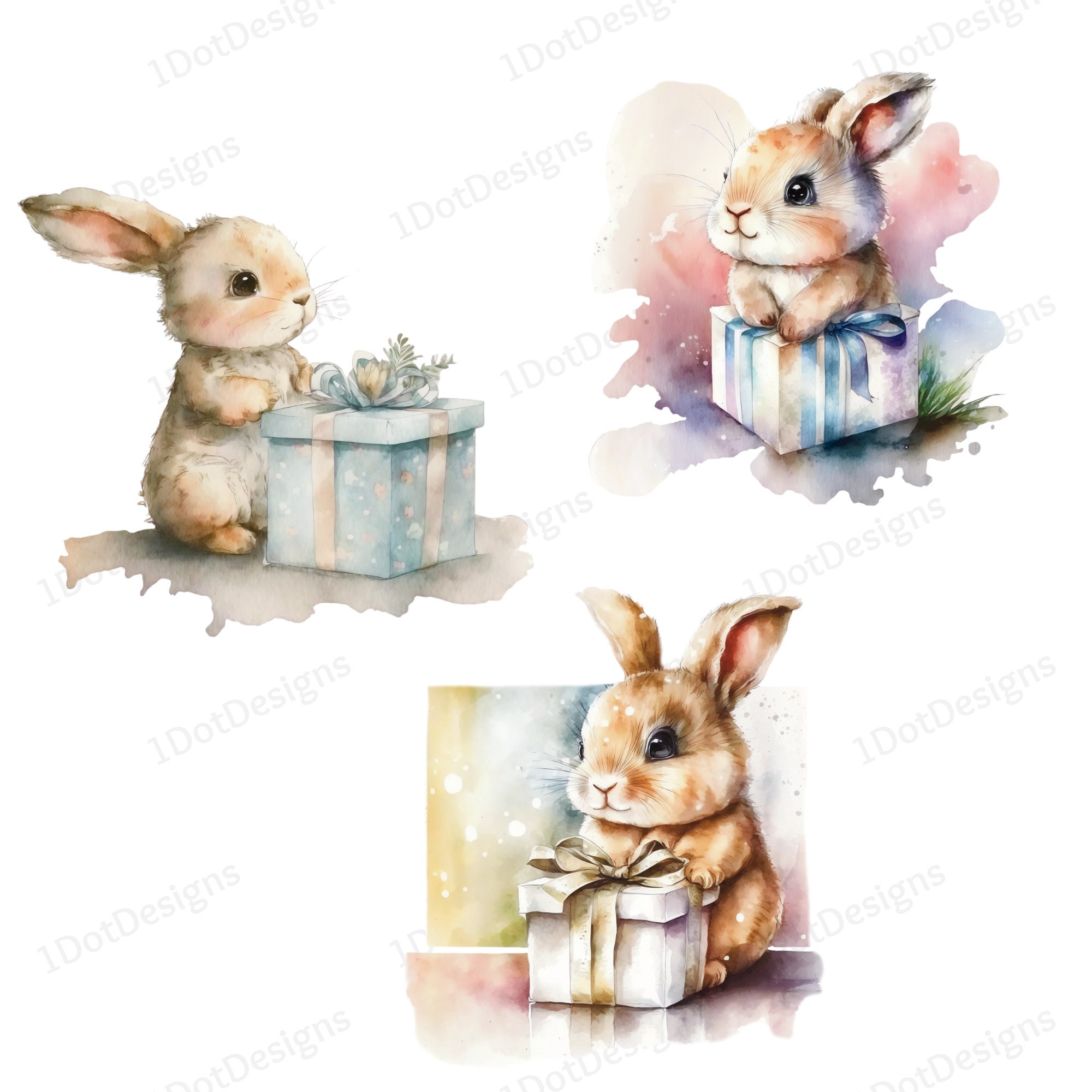 Bunny With Gift Box Clipart Bundle, Watercolor Clipart, Cute Bunnies ...