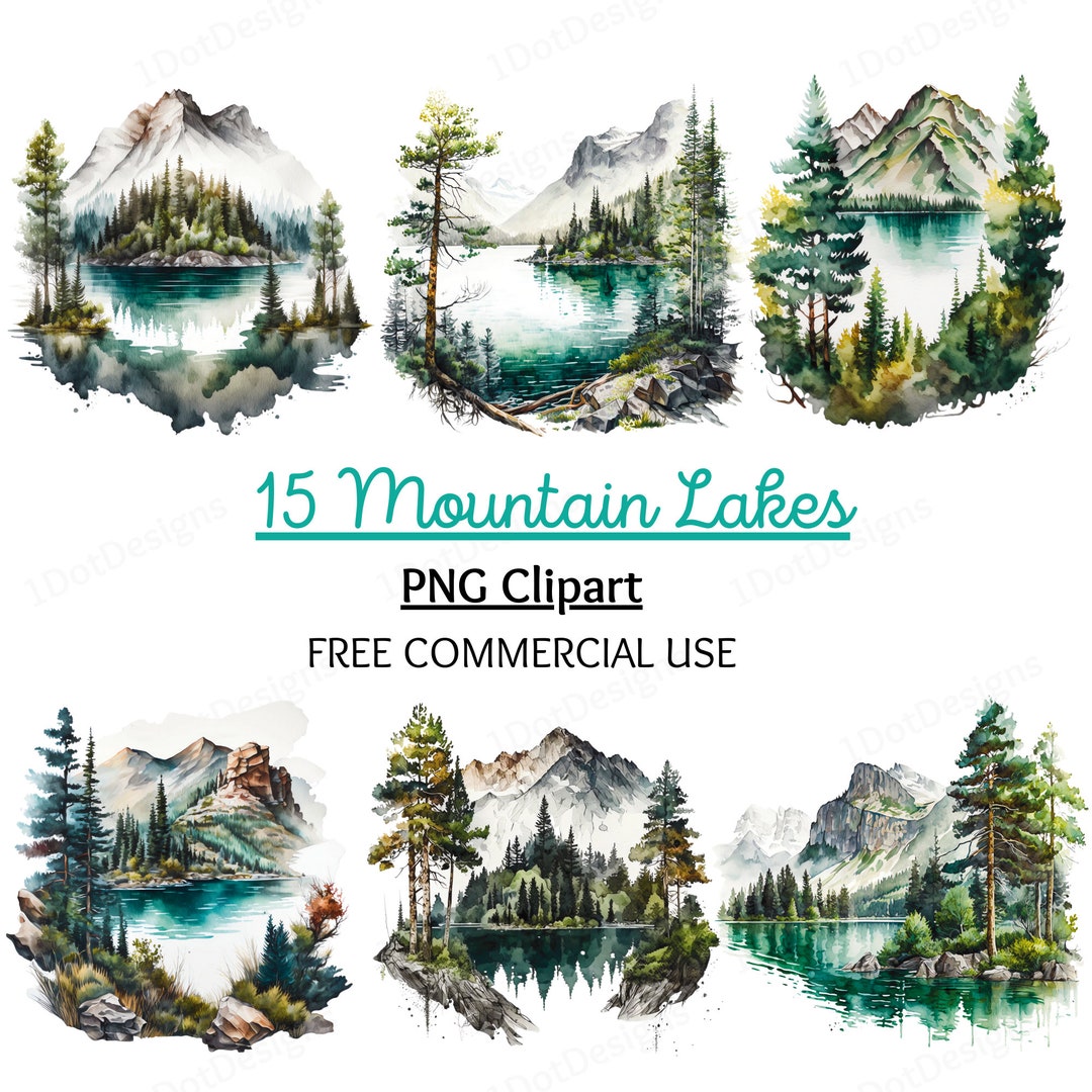 Watercolor Mountain Lake Clipart Bundle, Mountains PNG, Watercolor ...