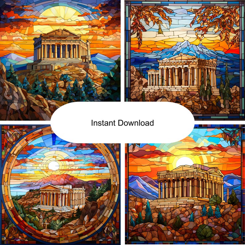 Stained Glass Greece Scenery Digital Paper, 20 Jpgs (digital Download ...