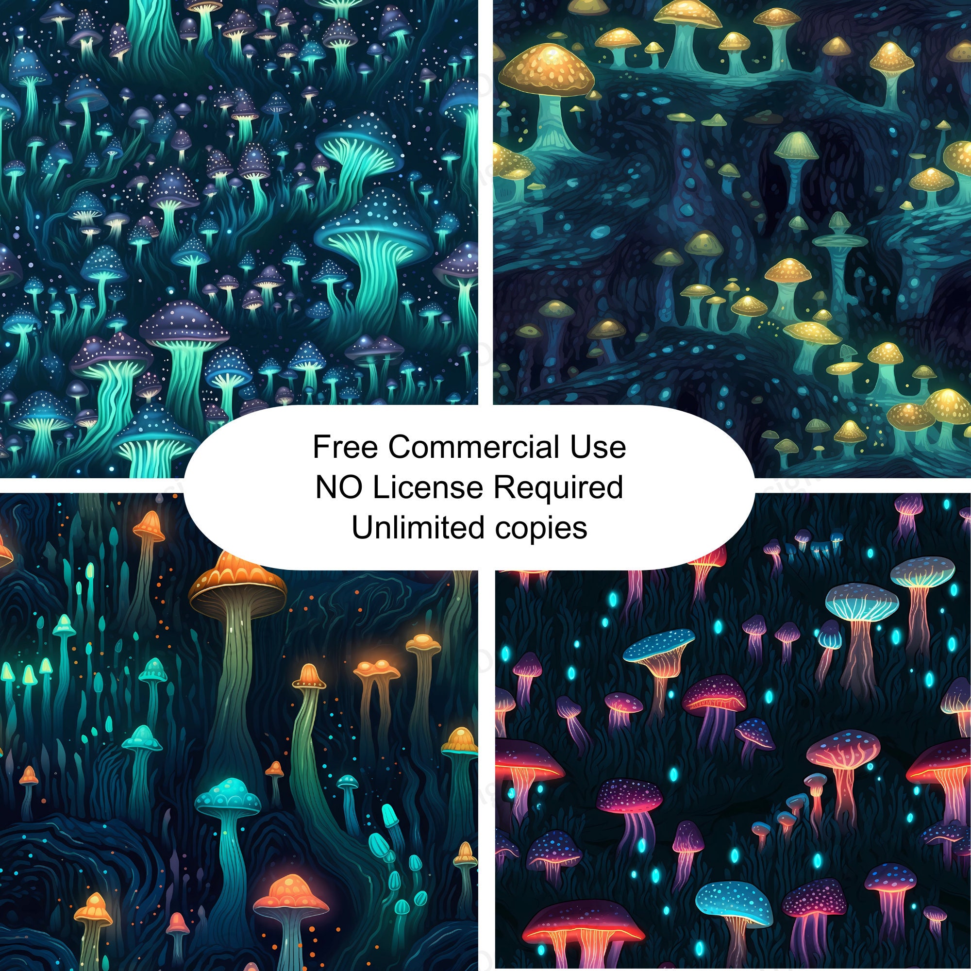 Magic Glowing Mushrooms Digital Paper, Seamless Pattern, Mystic ...