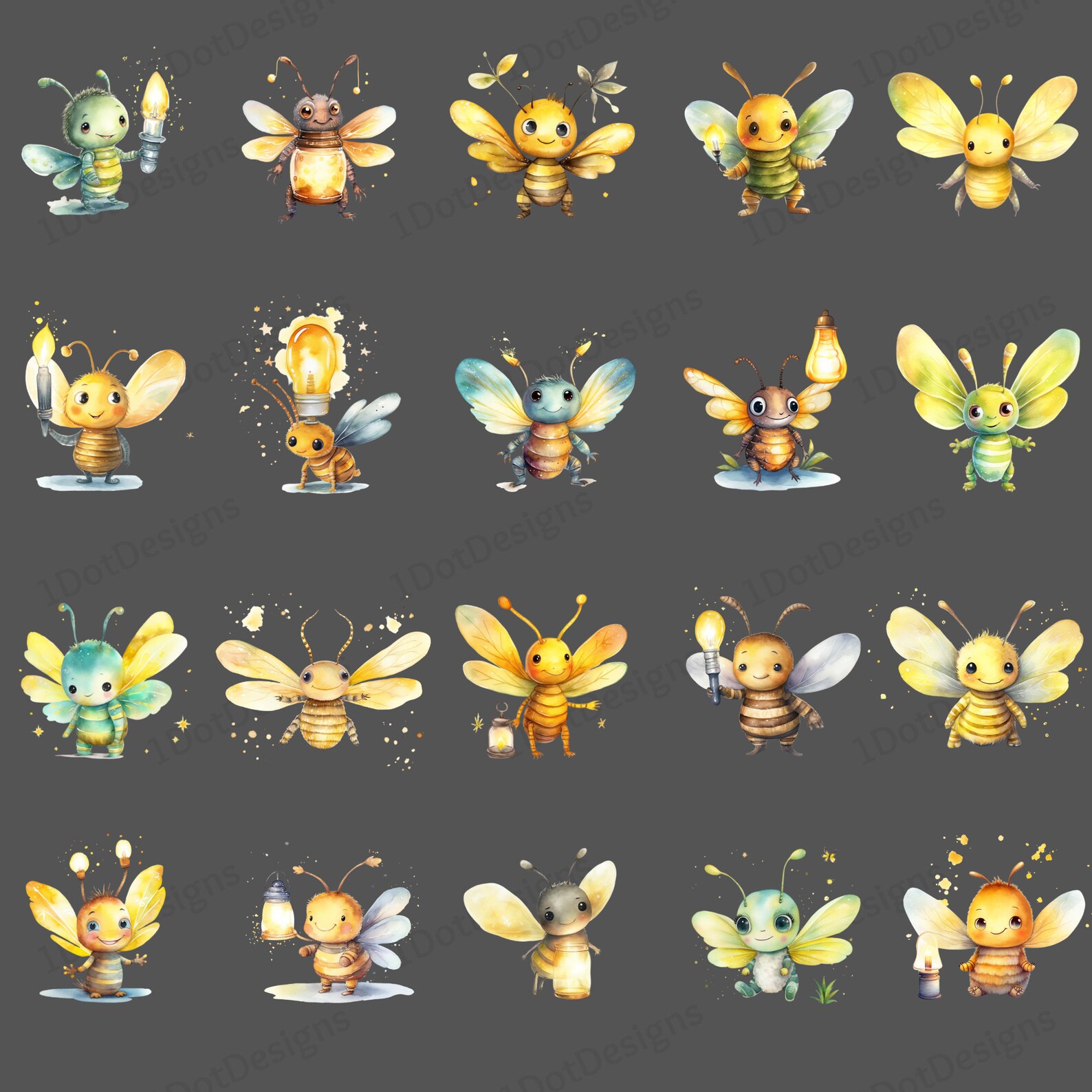 Cute Baby Fireflies Clipart Bundle, Nursery PNG, Watercolor Clipart ...