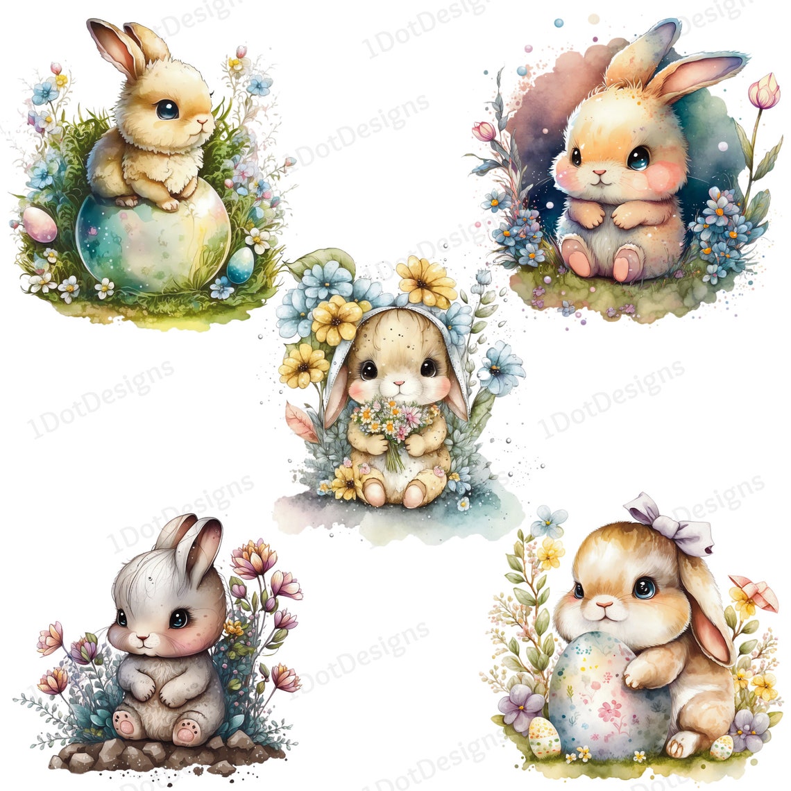 Pastel Bunnies Clipart Bundle, Easter PNG, Watercolor Clipart, Easter ...