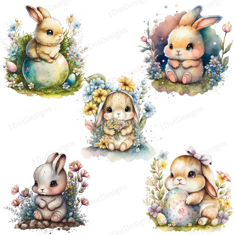 Pastel Bunnies Clipart Bundle, Easter PNG, Watercolor Clipart, Easter ...