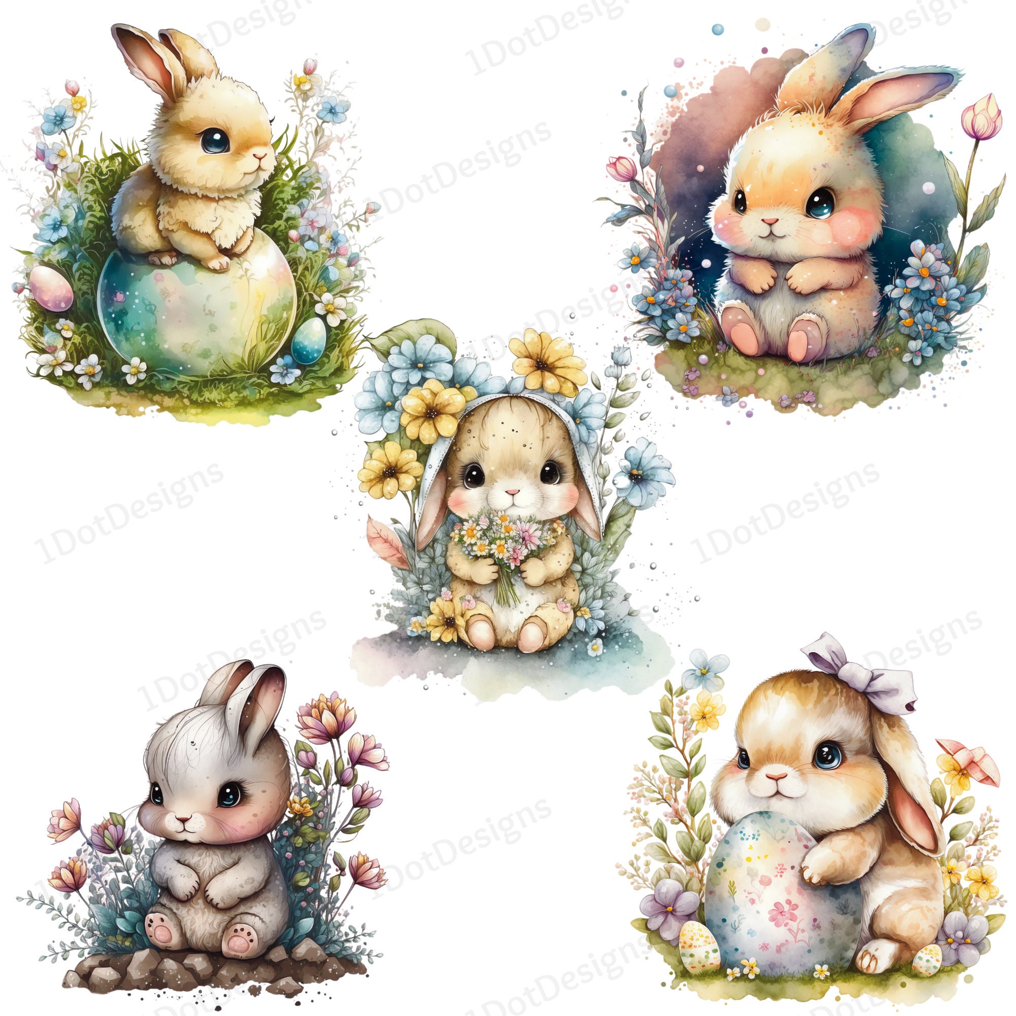 Pastel Bunnies Clipart Bundle, Easter PNG, Watercolor Clipart, Easter ...
