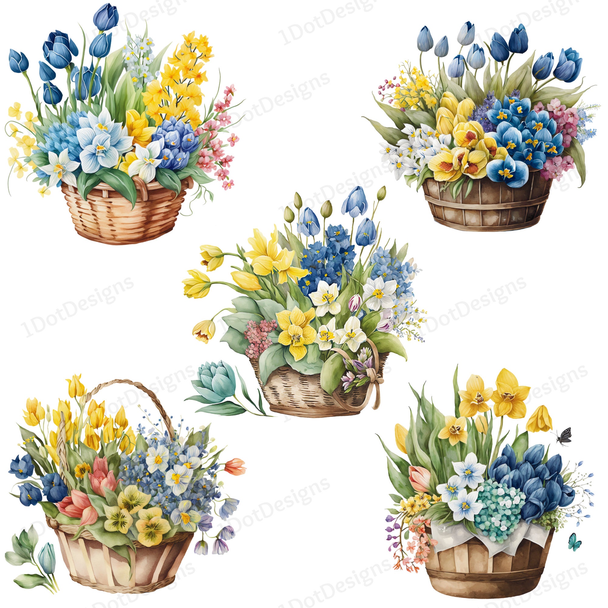 Spring Floral Basket Clipart Bundle, Floral PNG, Watercolor Clipart ...