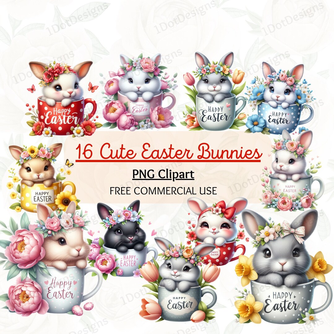 Easter Bunny Clipart Bundle: Floral Baby Bunnies in Mugs (PNG ...