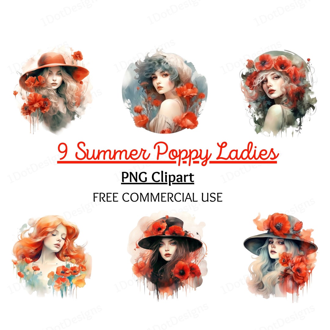 Poppy Lady Clipart, Poppies PNG, Floral Lady, Woman Clipart, Girl's ...