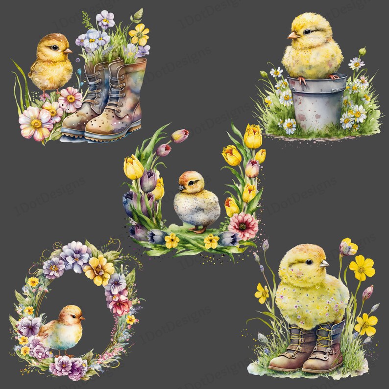 Floral Easter Chick Clipart Bundle, Easter PNG, Watercolor Clipart ...