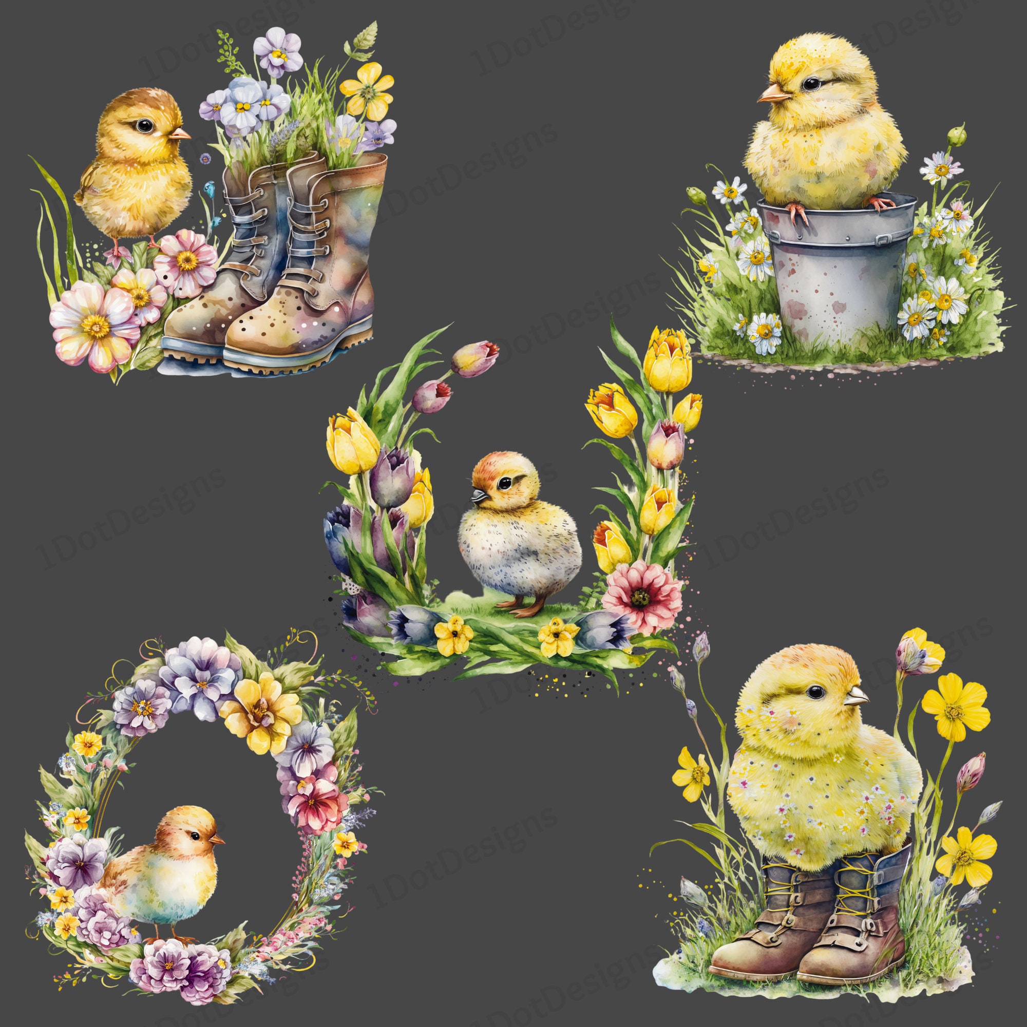 Floral Easter Chick Clipart Bundle, Easter PNG, Watercolor Clipart ...