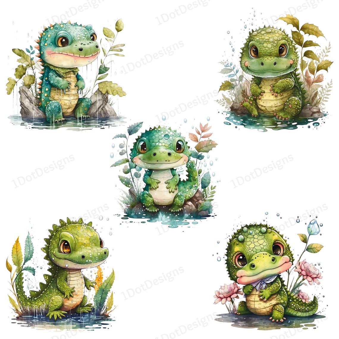 Cute Baby Crocodile Clipart Bundle, Crocodile PNG, Dino Png, Watercolor ...