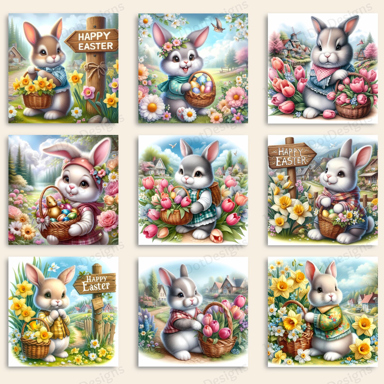 18 Jpgs Floral Easter Bunny Digital Paper, Easter Papers, Easter ...