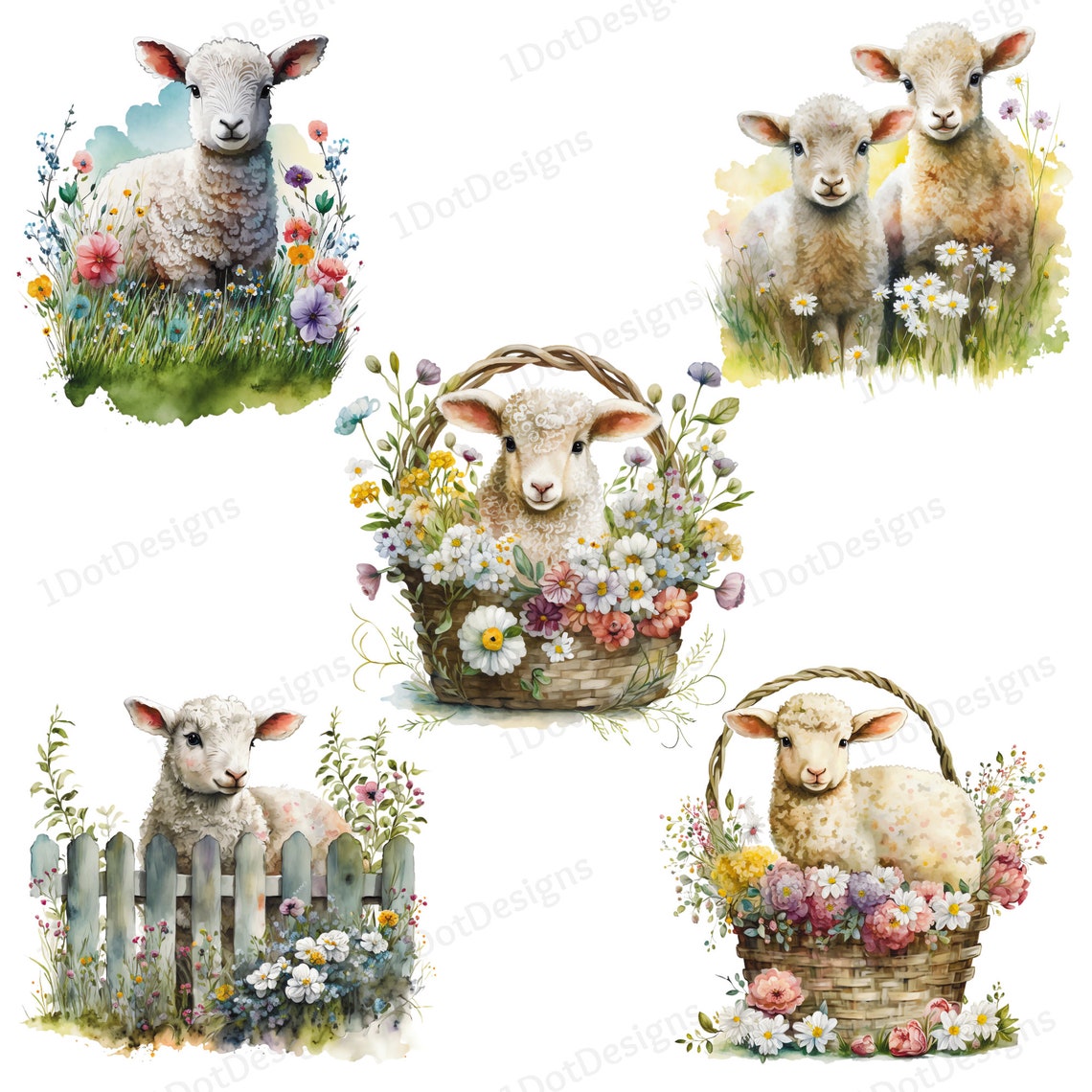 Spring Lamb Clipart Bundle, Sheep PNG, Watercolor Clipart, Floral Lamb ...