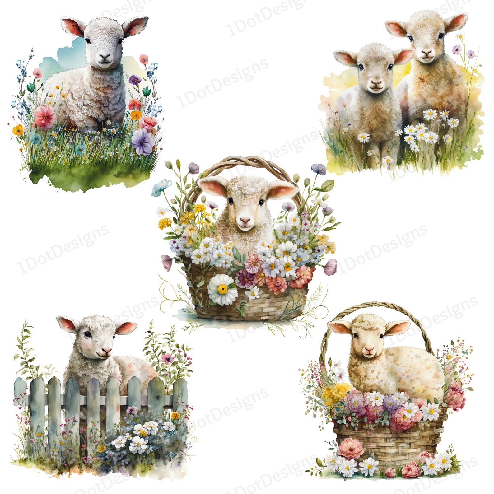 Spring Lamb Clipart Bundle, Sheep PNG, Watercolor Clipart, Floral Lamb ...