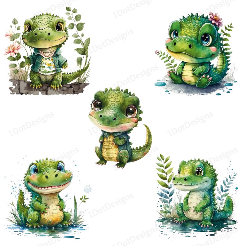 Cute Baby Crocodile Clipart Bundle, Crocodile PNG, Dino Png, Watercolor ...