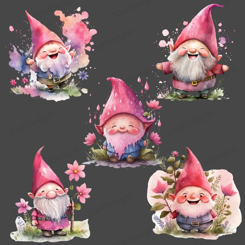 Pink Garden Gnome PNG Clipart, Watercolor Gnomes, Gnome Png, Floral ...