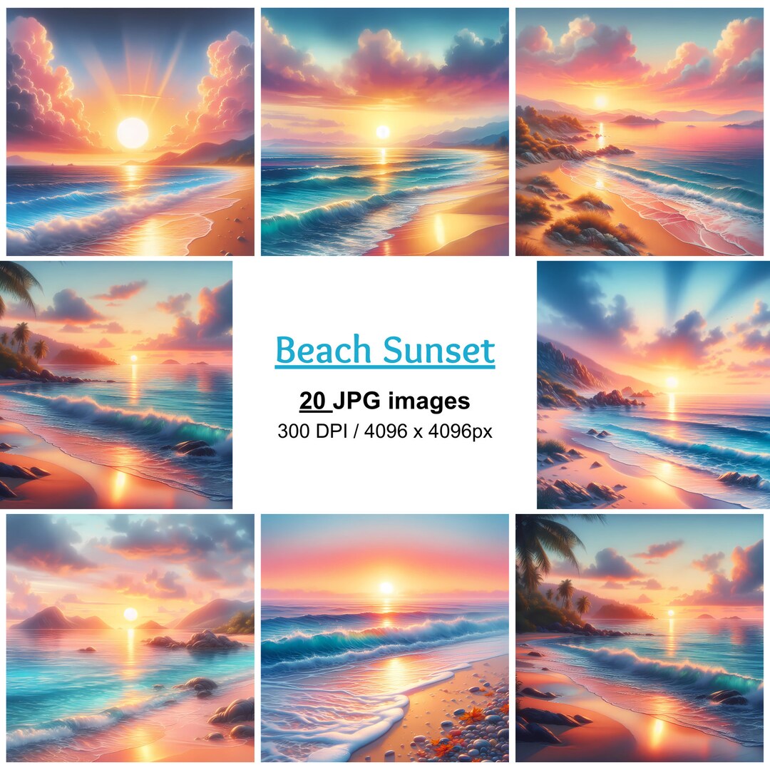 Beach Sunset Digital Paper - 20 Jpgs, Beach Sunset Backdrop, Beach ...