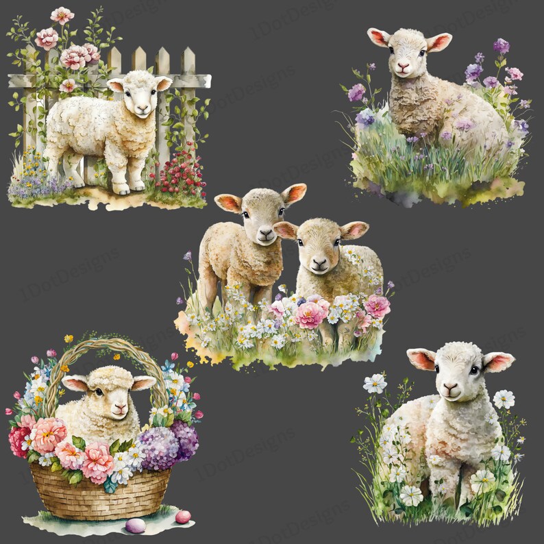Spring Lamb Clipart Bundle, Sheep PNG, Watercolor Clipart, Floral Lamb ...