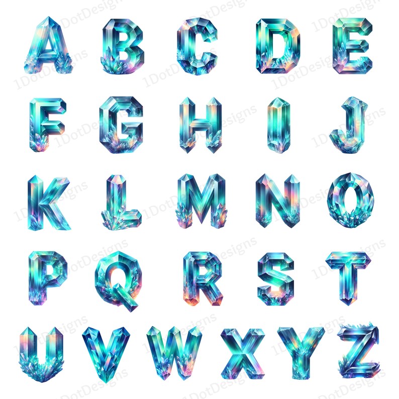 Aurora Crystal Alphabet Clipart, Watercolor PNG Letters (digital ...