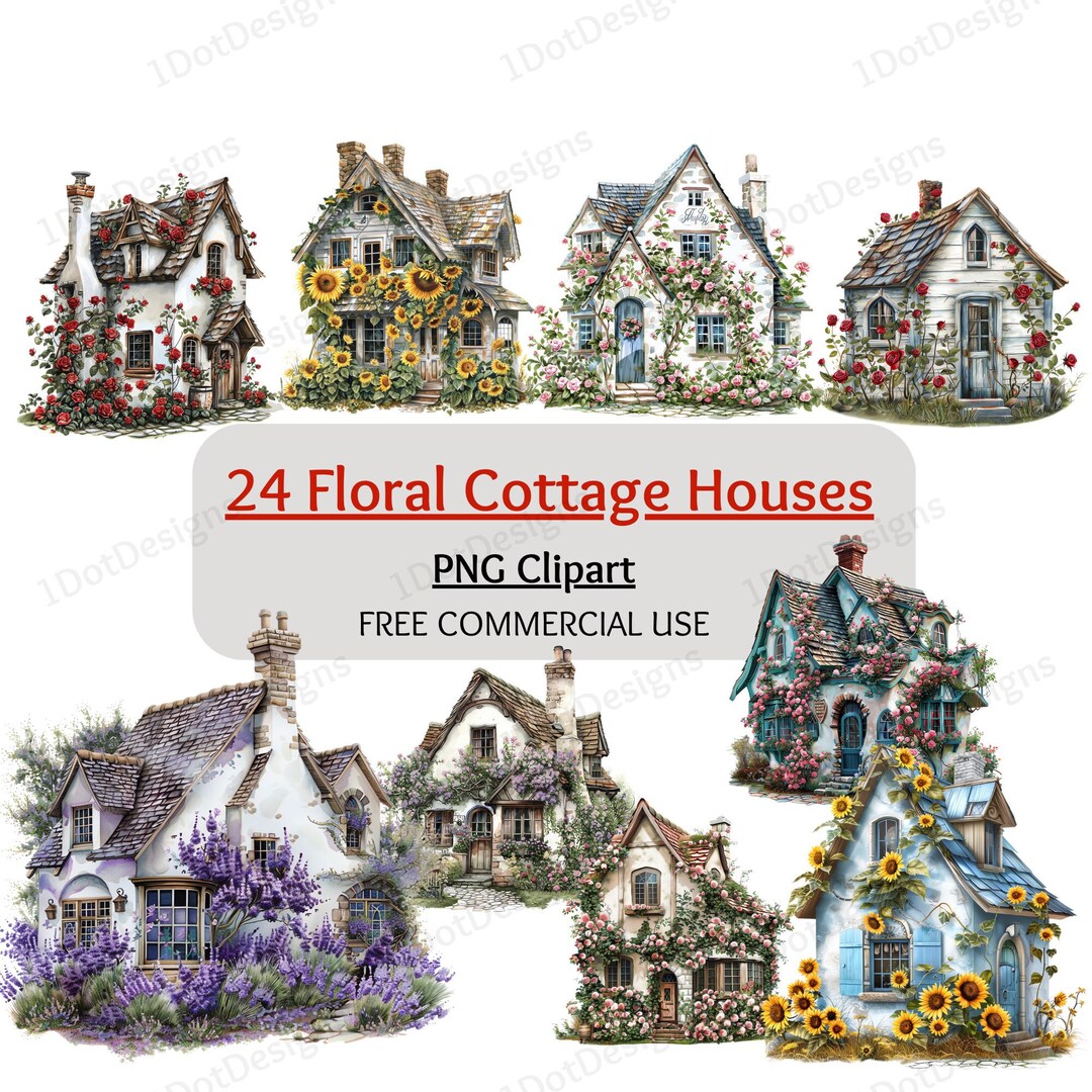 Floral Cottage House Clipart Bundle, Cottage House PNG, Watercolor ...
