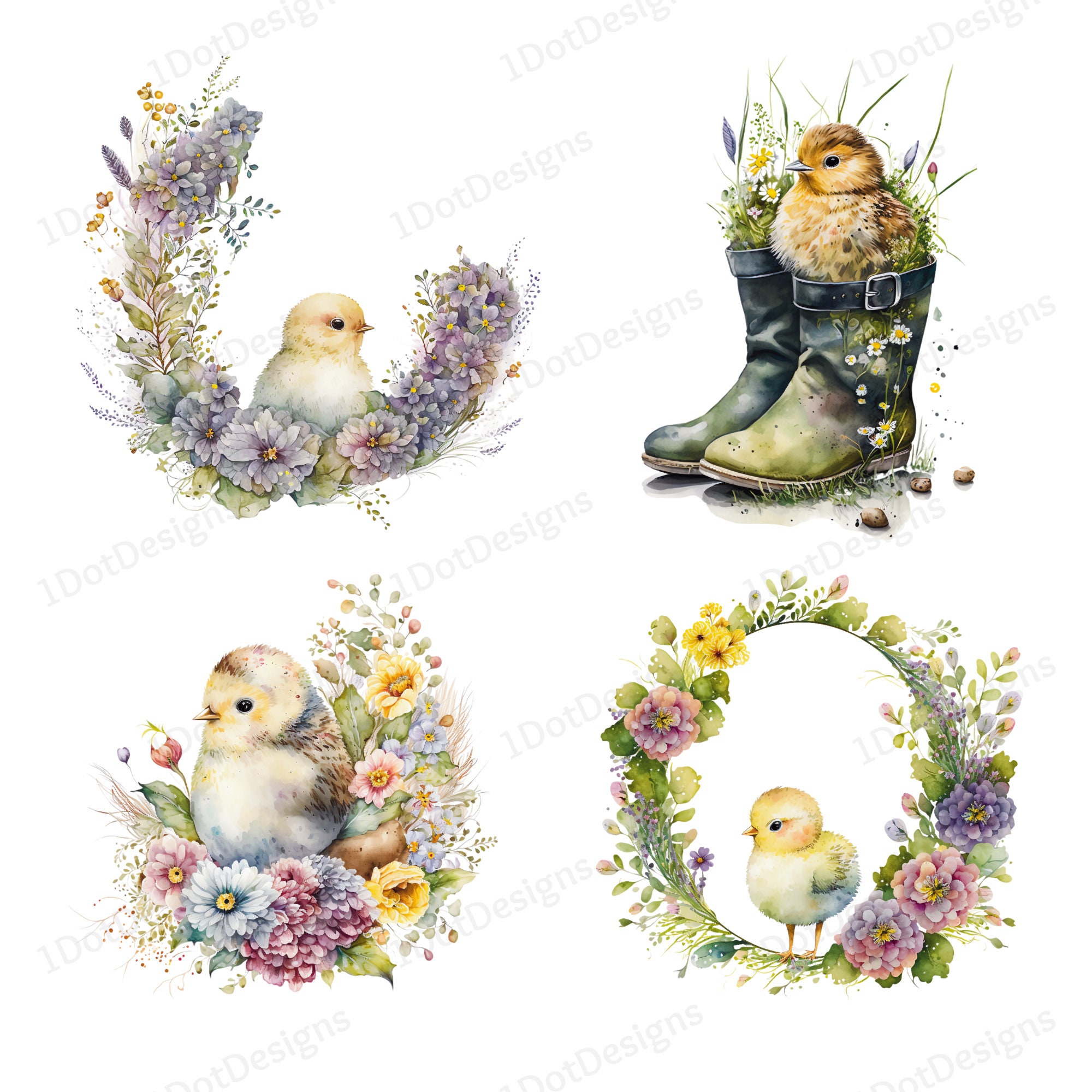 Floral Easter Chick Clipart Bundle, Easter PNG, Watercolor Clipart ...