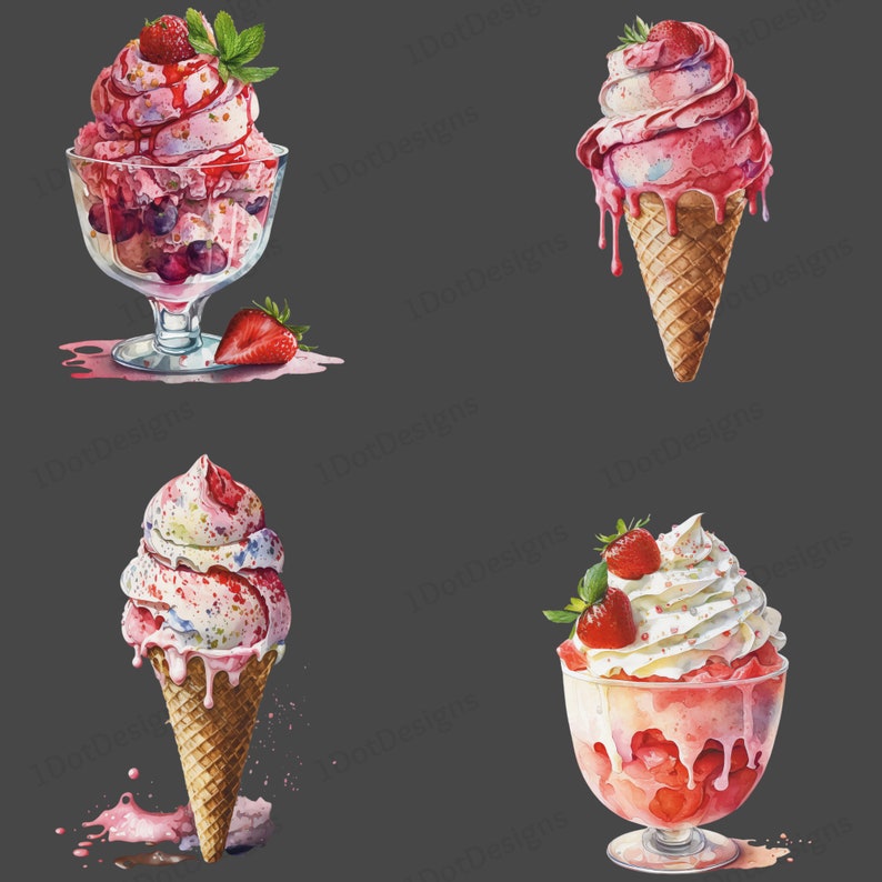 Strawberry Icecream Clipart Bundle, Summer PNG, Watercolor Clipart ...