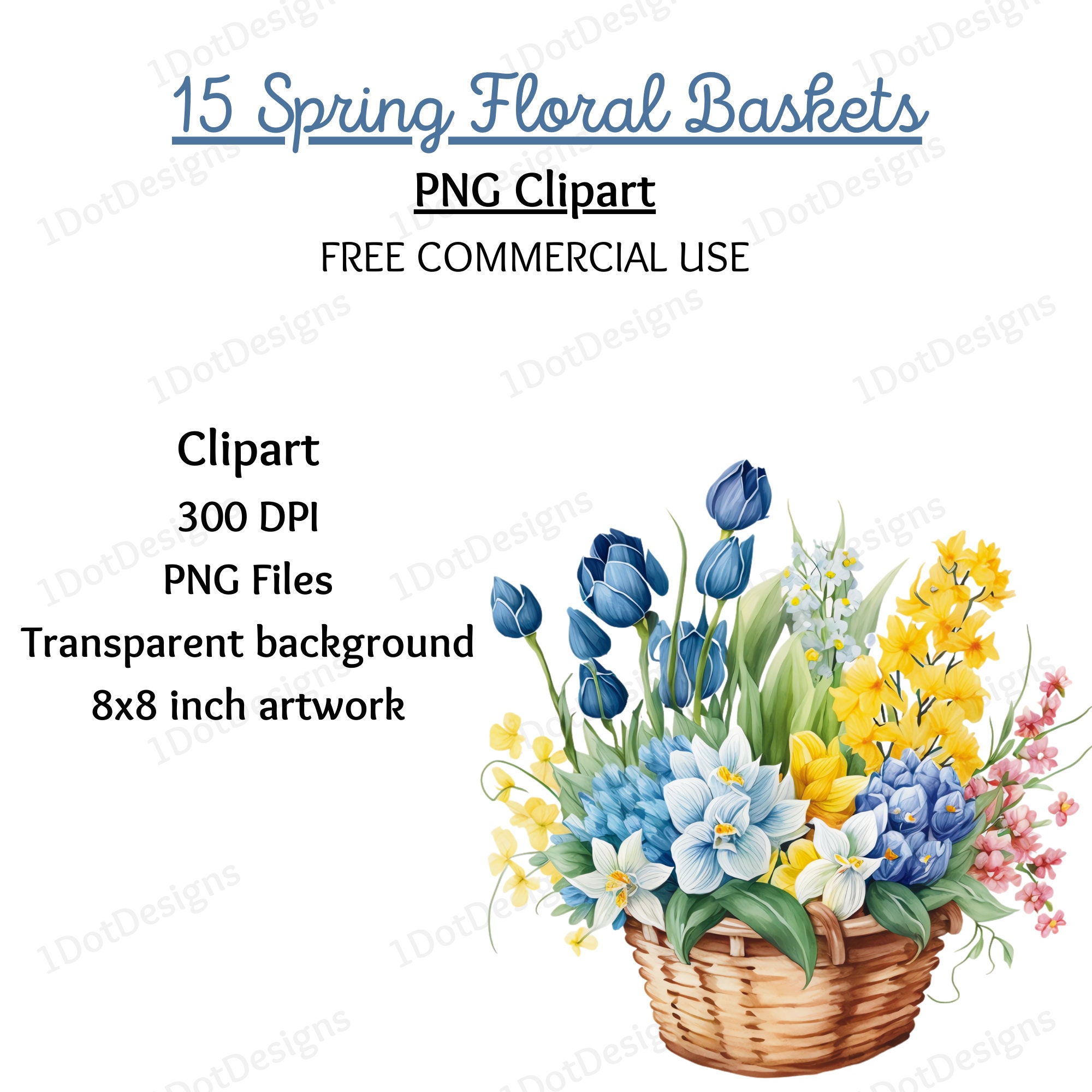 Spring Floral Basket Clipart Bundle, Floral PNG, Watercolor Clipart ...