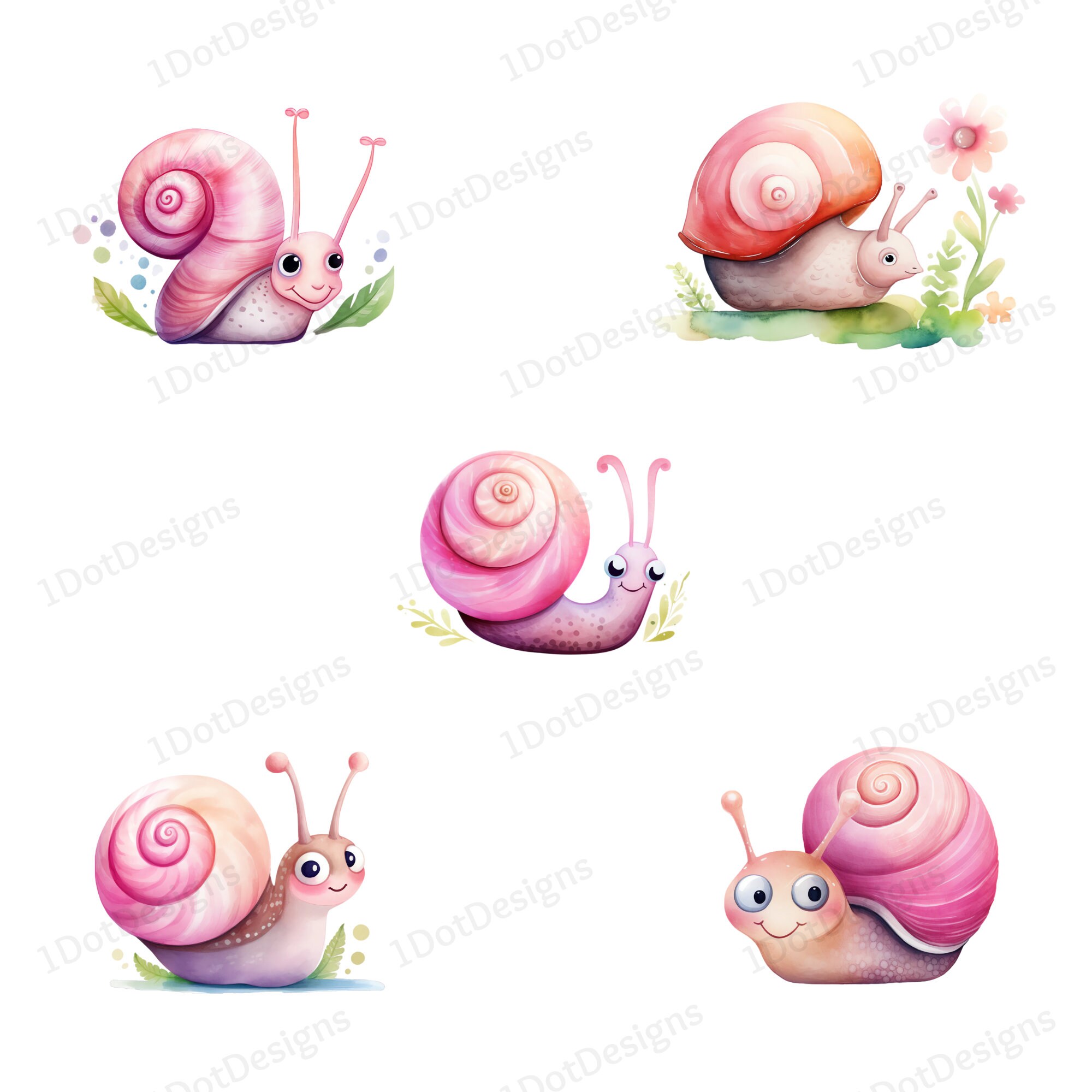 Cute Pink Snail Watercolor Clipart Bundle, Nursery PNG (digital ...