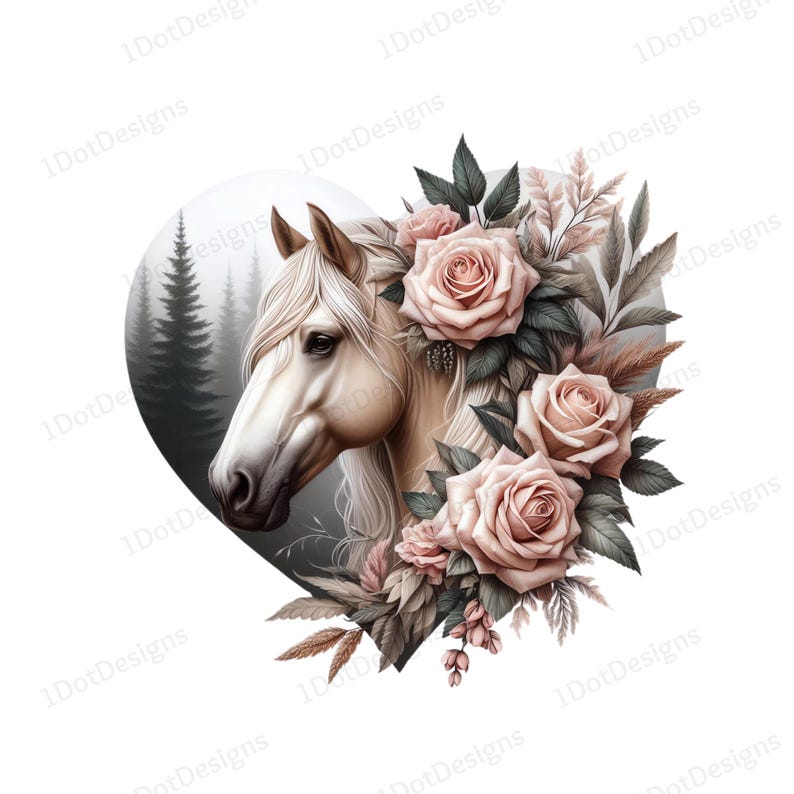 Horses With Roses Clipart, Horse Heart PNG, Horse Clipart, Floral Horse ...