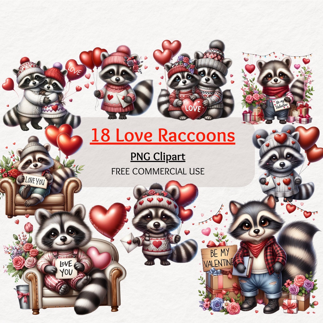 Valentine Raccoon Clipart Bundle, Valentines Day Clipart, Love Clipart ...
