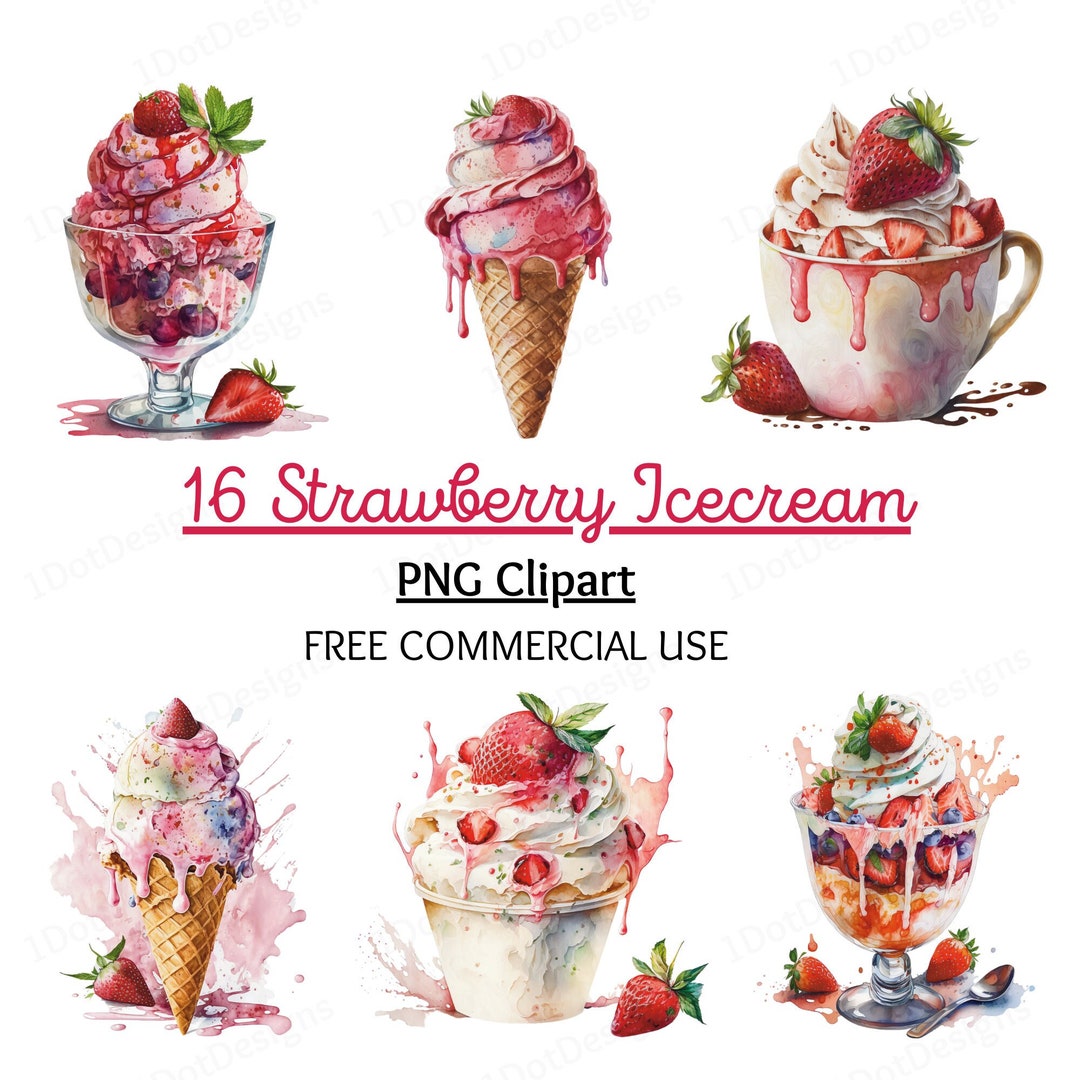 Strawberry Icecream Clipart Bundle, Summer PNG, Watercolor Clipart ...