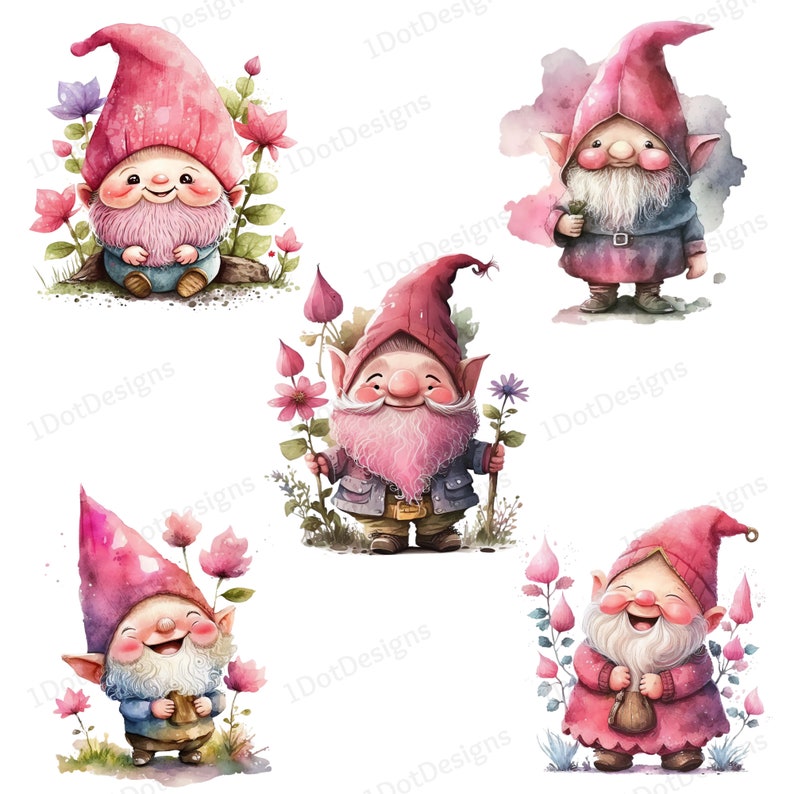 Pink Garden Gnome PNG Clipart, Watercolor Gnomes, Gnome Png, Floral ...