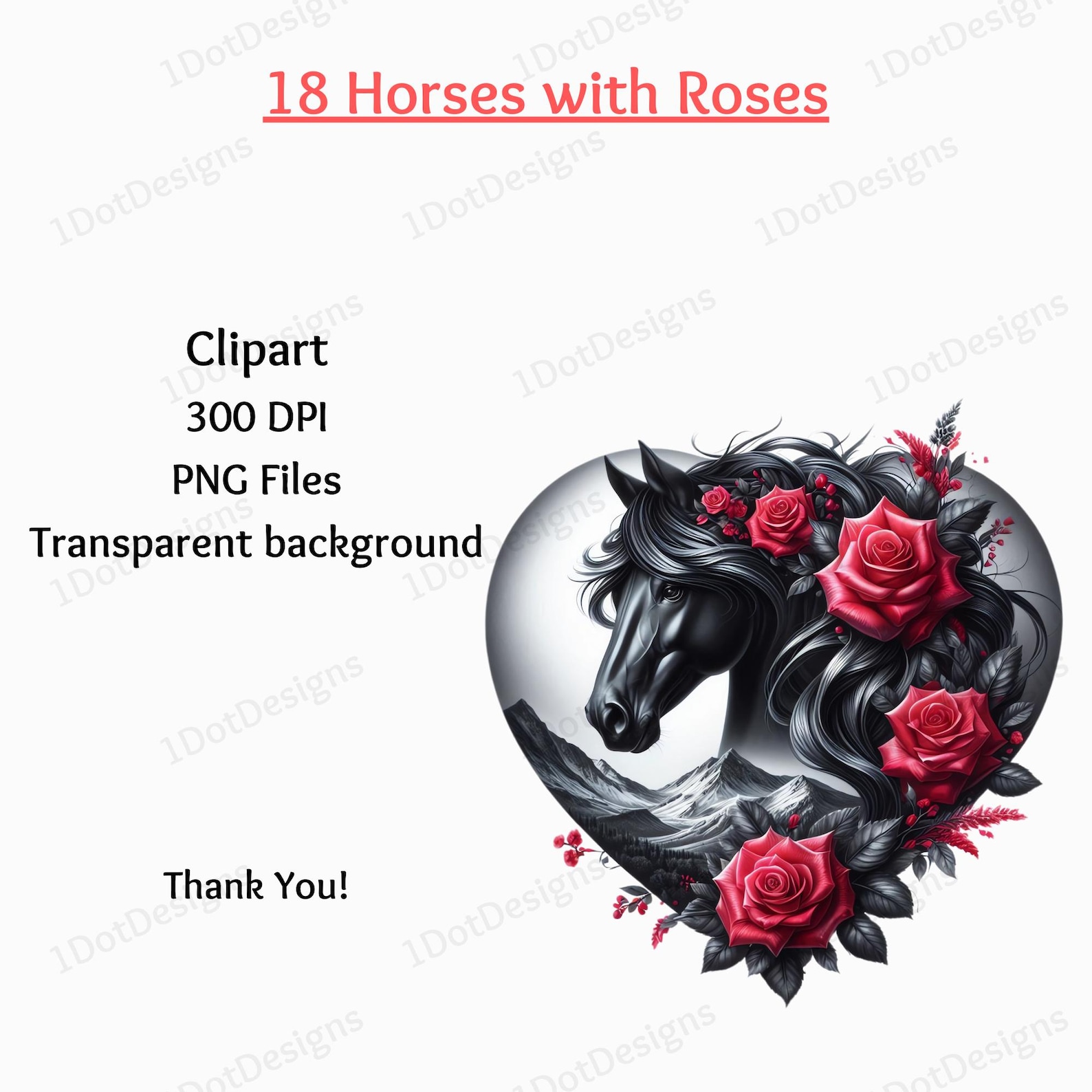Horses With Roses Clipart, Horse Heart PNG, Horse Clipart, Floral Horse ...