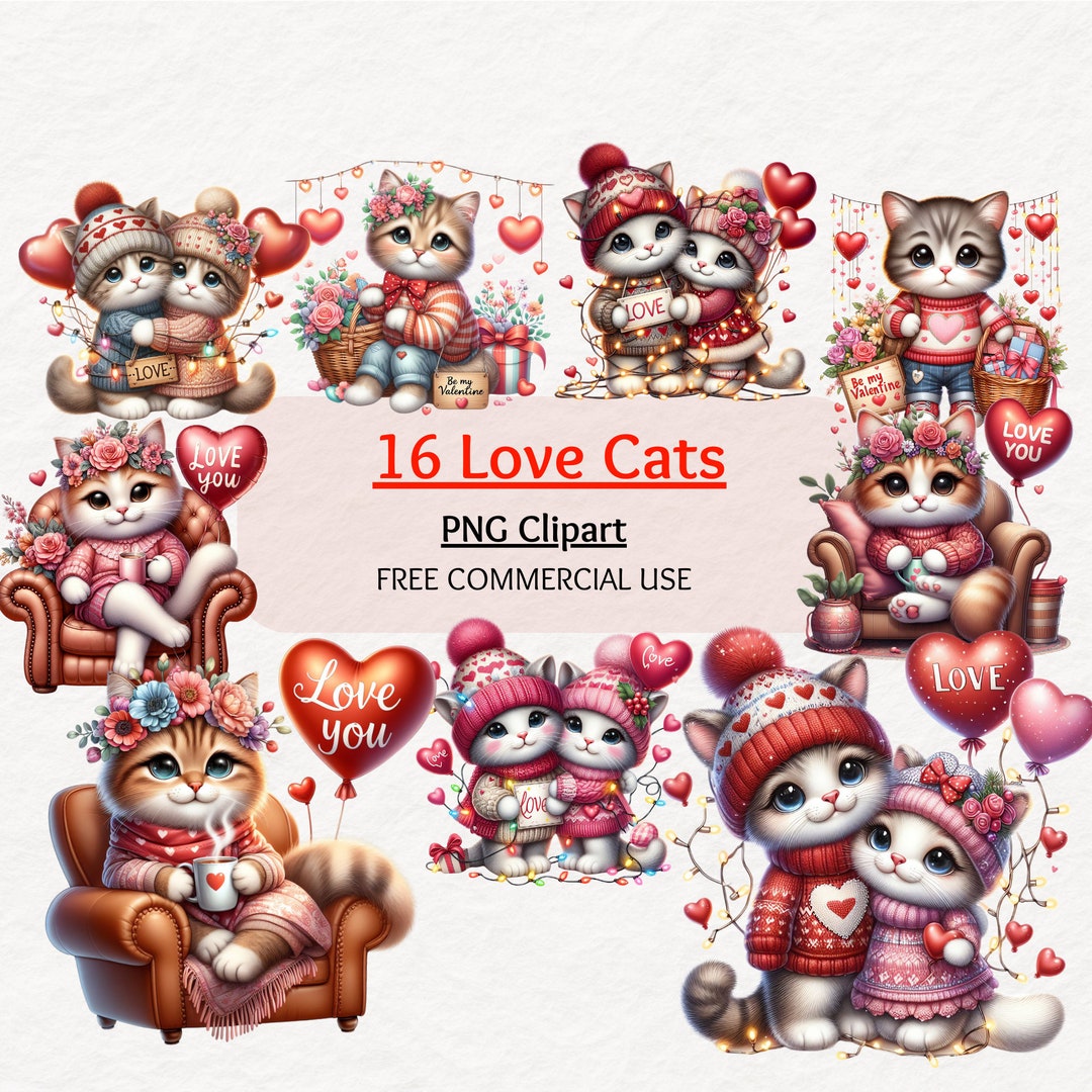 Valentine Cat Clipart Bundle, Valentines Day Clipart, Love Clipart ...