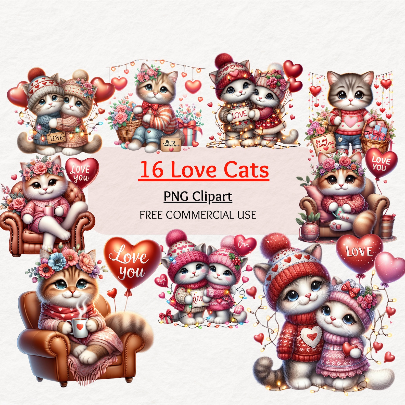 Valentine Cat Clipart Bundle, Valentines Day Clipart, Love Clipart ...