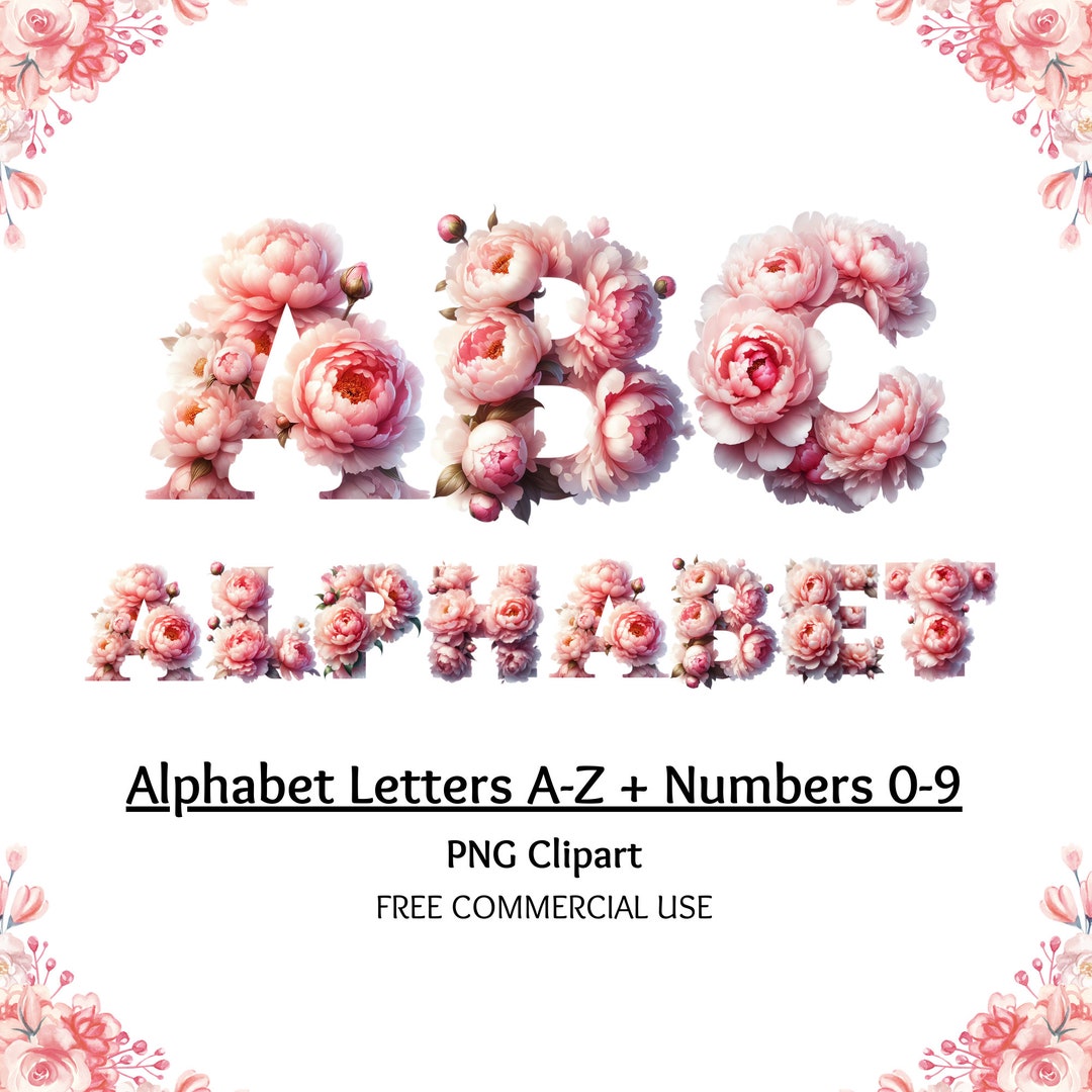 36 Pink Peony Alphabet Clipart Bundle, Pink Peony PNG, Letters Clipart ...