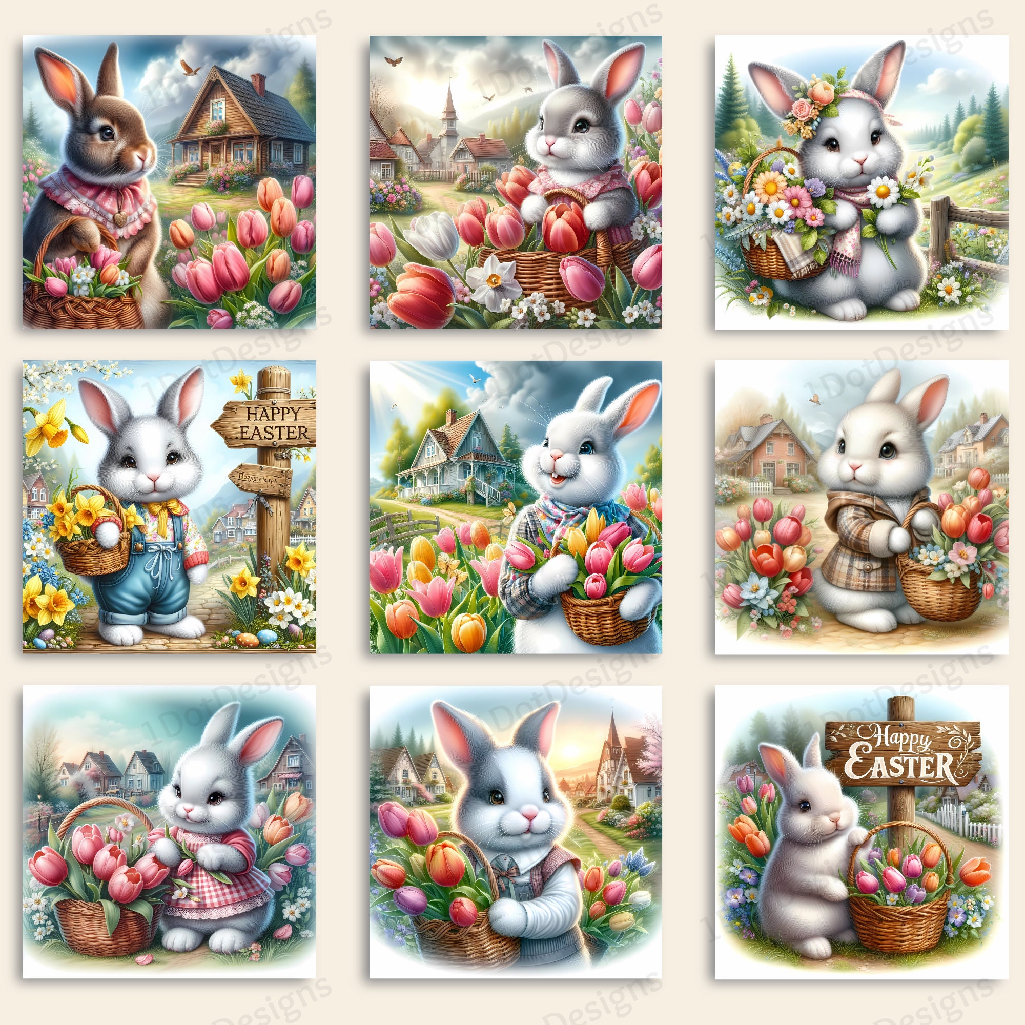 18 Jpgs Floral Easter Bunny Digital Paper, Easter Papers, Easter ...