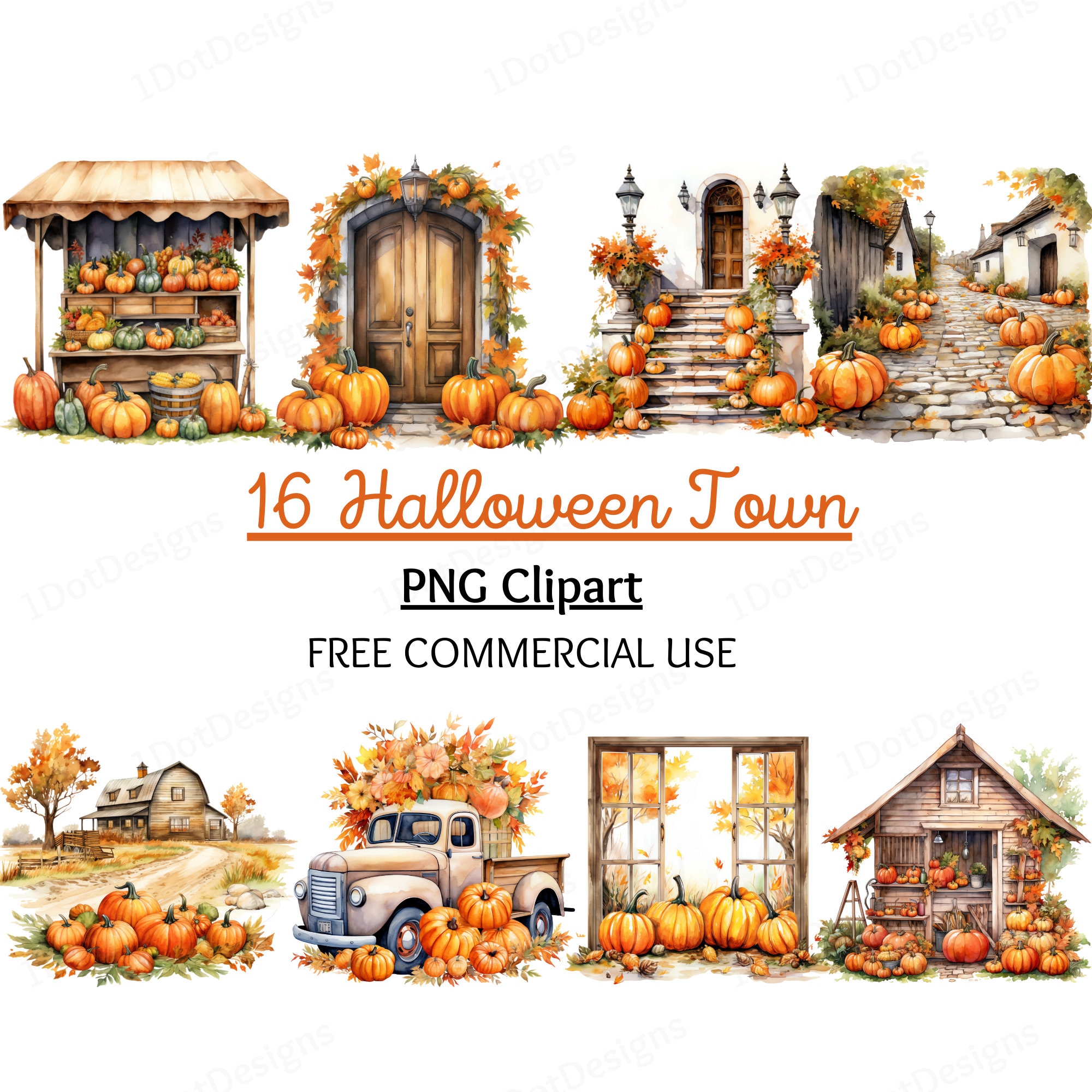 Watercolor Halloween Town Clipart, Pumpkin PNG (digital Download) - Etsy
