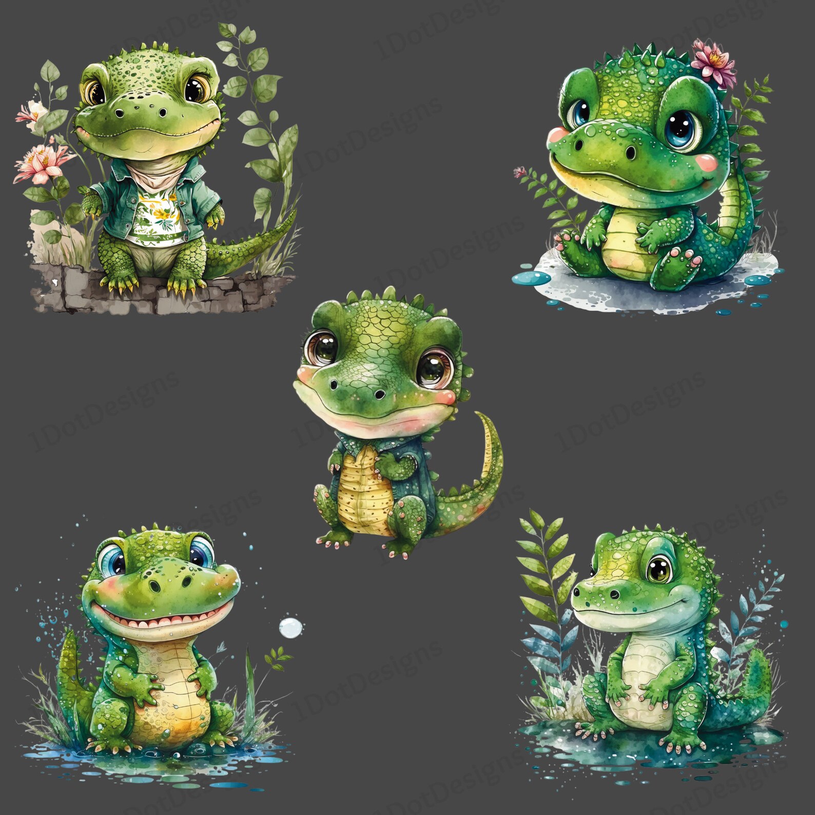 Cute Baby Crocodile Clipart Bundle, Crocodile PNG, Dino Png, Watercolor ...