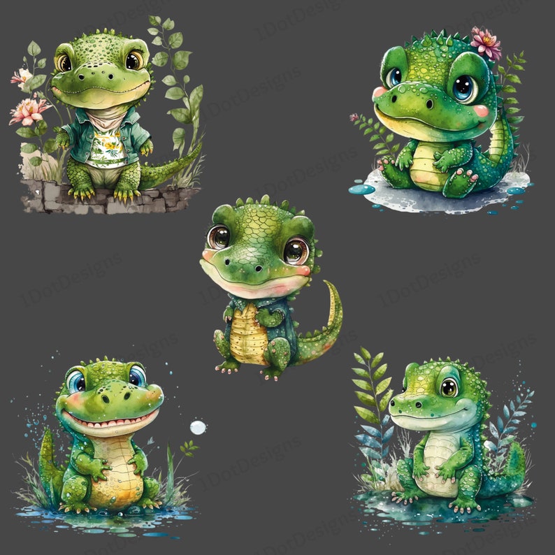 Cute Baby Crocodile Clipart Bundle, Crocodile PNG, Dino Png, Watercolor ...
