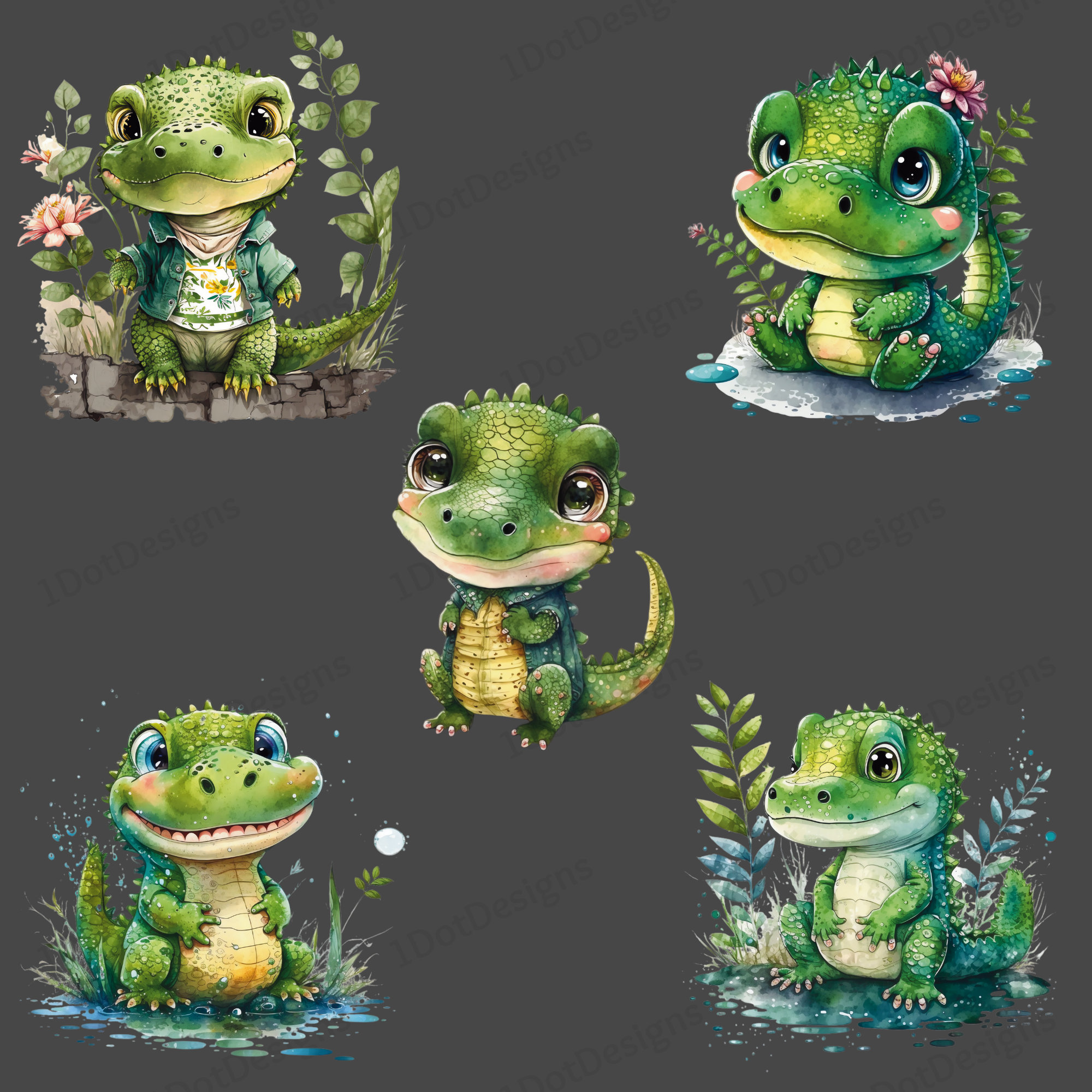 Cute Baby Crocodile Clipart Bundle, Crocodile PNG, Dino Png, Watercolor ...
