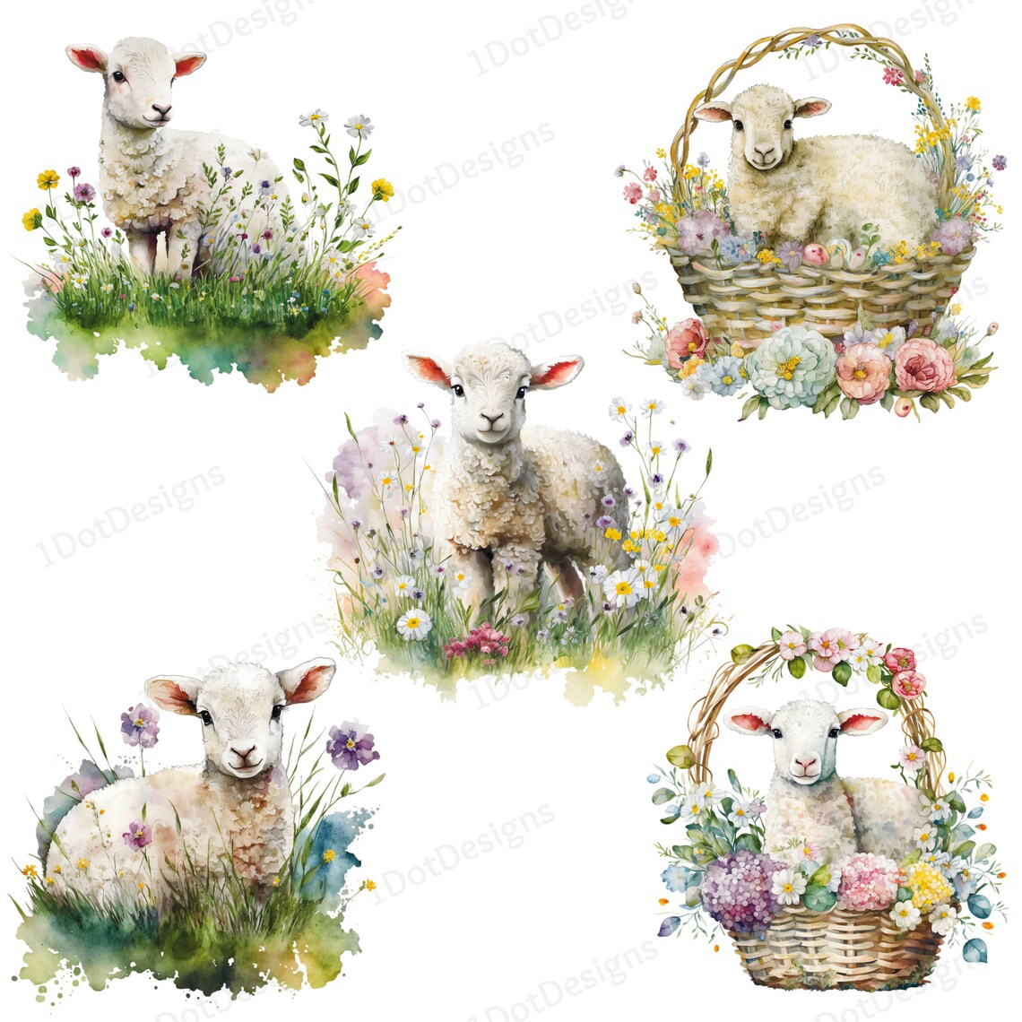 Spring Lamb Clipart Bundle, Sheep PNG, Watercolor Clipart, Floral Lamb ...