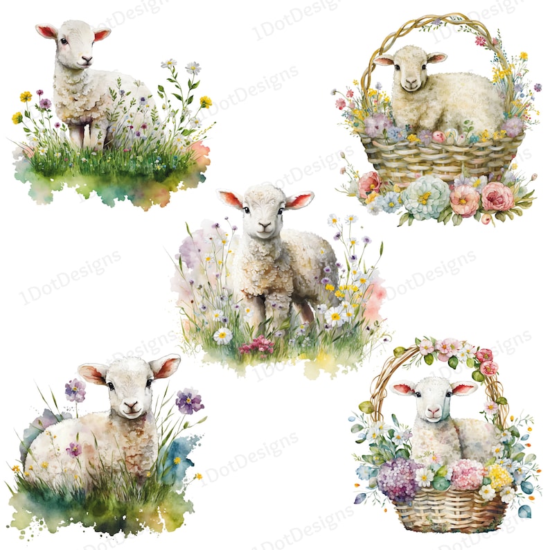 Spring Lamb Clipart Bundle, Sheep PNG, Watercolor Clipart, Floral Lamb ...